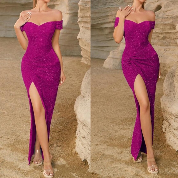 Dresses | Coluxe Off Shoulder Slit Thigh Party Formal Evening Sequins ...